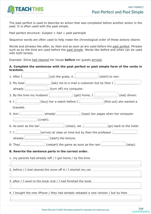 Simple past vs past perfect - Worksheet 2. Ficha interactiva | TopWorksheets