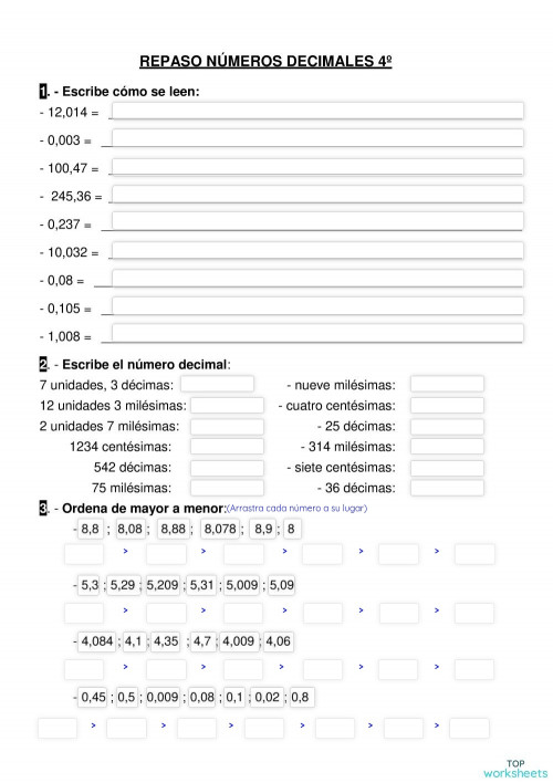 REPASO DECIMALES 4º. Ficha interactiva | TopWorksheets