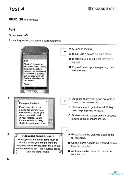TEST 4 READING. Interactive worksheet | TopWorksheets