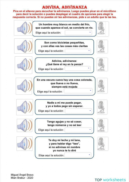 Adivina, adivinanza. Ficha interactiva | TopWorksheets