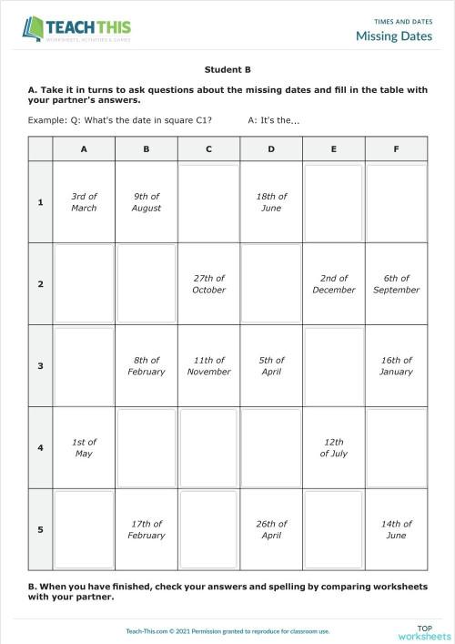 Missing dates - Student B. Interactive worksheet | TopWorksheets