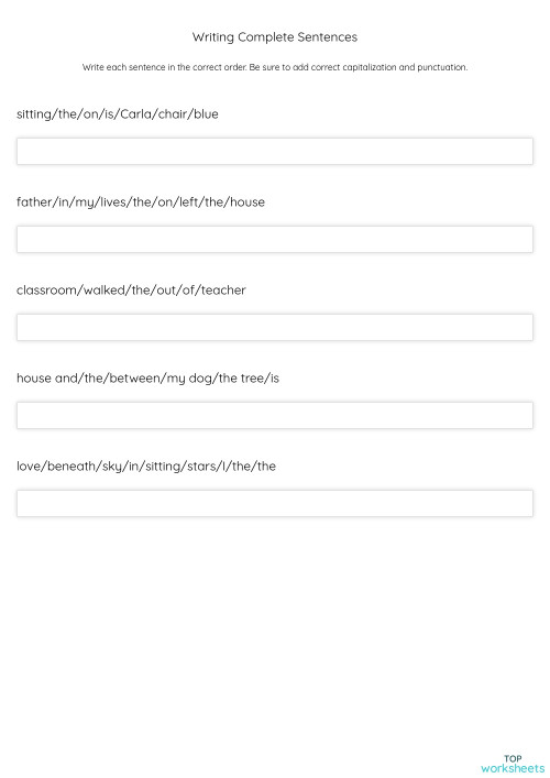 Writing Complete Sentences. Interactive worksheet | TopWorksheets