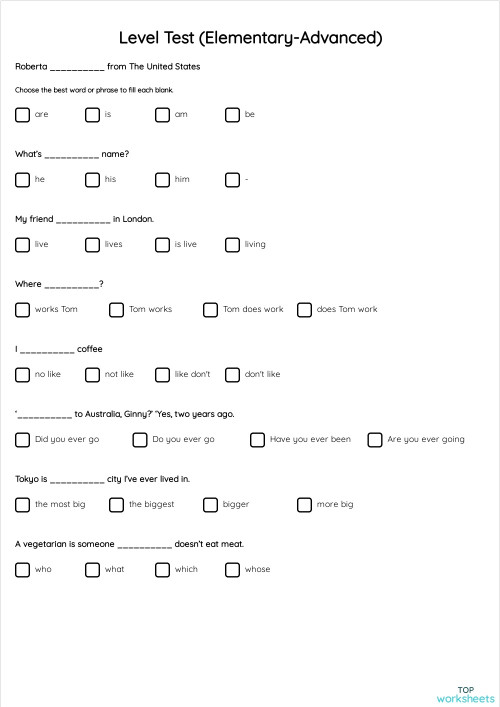 Level Test (Elementary-Advanced). Interactive worksheet | TopWorksheets