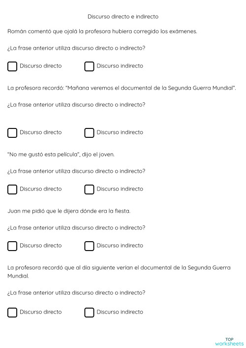Discurso directo e indirecto. Ficha interactiva | TopWorksheets