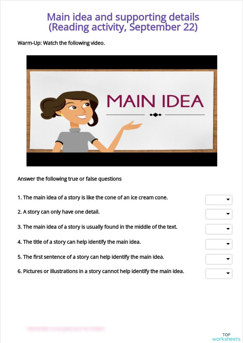 Main idea and supporting details (Reading activity, September 22 ...