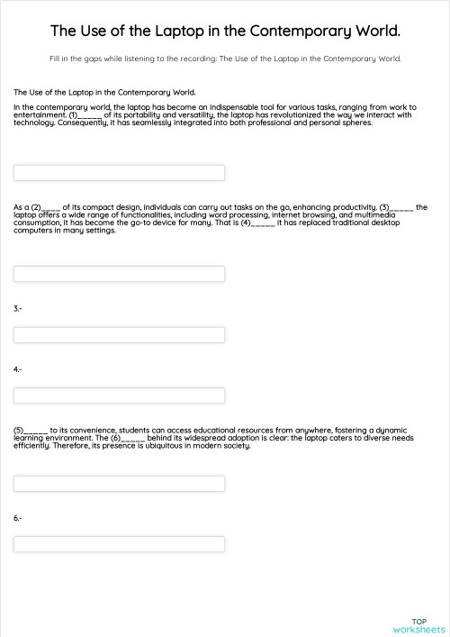 The Use of the Laptop in the Contemporary World.. Interactive worksheet ...
