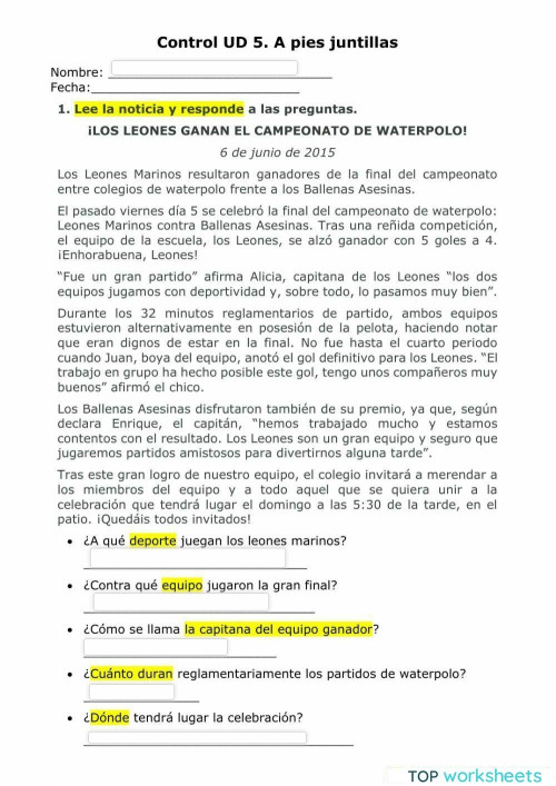 Control tema 5. Ficha interactiva | TopWorksheets