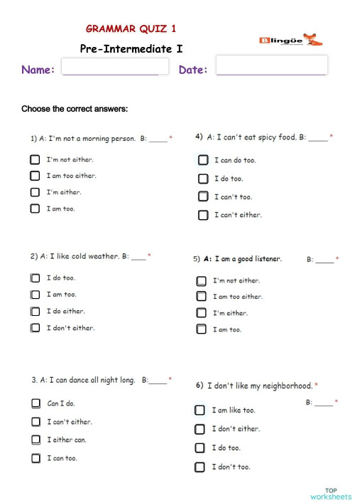 Pre-Intermediate I (Grammar Quiz 1). Interactive worksheet | TopWorksheets