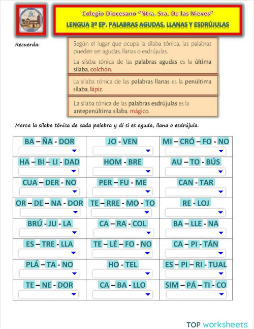 Palabras agudas, llanas y esdrújulas. Ficha interactiva | TopWorksheets