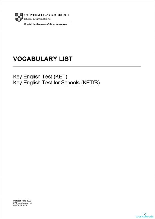 KET Wordlist. Interactive worksheet | TopWorksheets