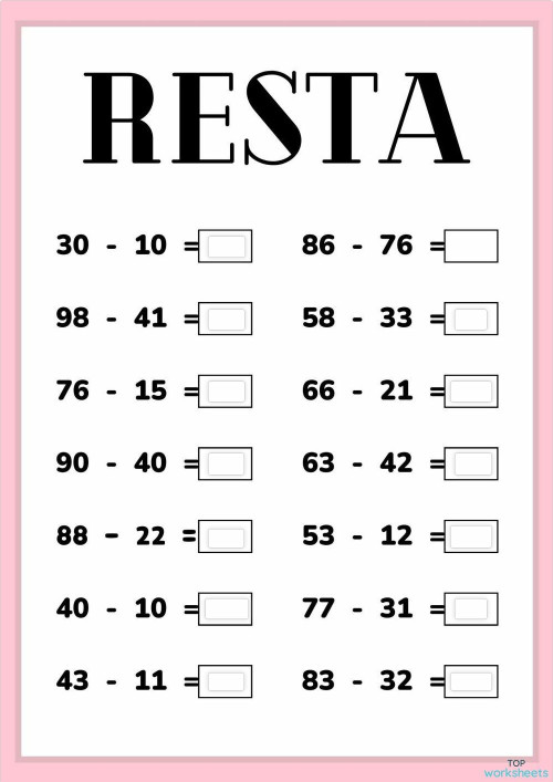 RESTA SIN LLEVADAS. Ficha interactiva | TopWorksheets