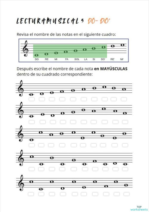 Lenguaje musical 5. Nombres de las notas. Ficha interactiva | TopWorksheets