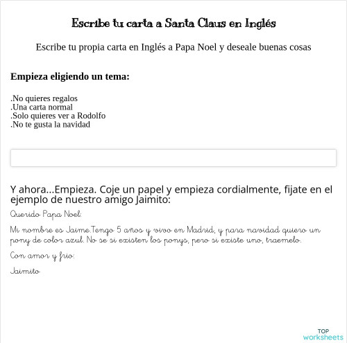 Escribe tu carta a Santa Claus en Inglés. Ficha interactiva | TopWorksheets