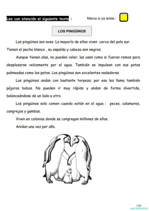 COMPRENSIÓN LECTORA - LOS PINGÜINOS. Ficha interactiva | TopWorksheets