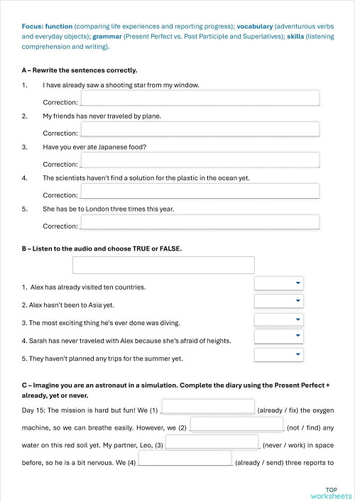 GRAMMAR - Present Perfect Teens 1. Interactive worksheet | TopWorksheets