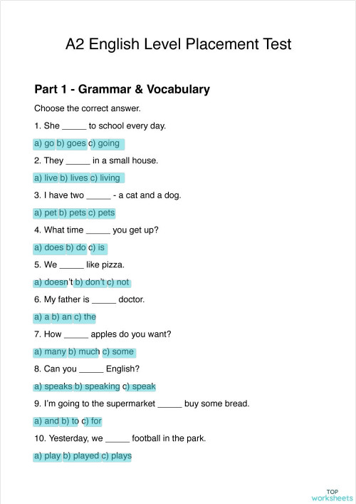 A1-A2 Test. Interactive worksheet | TopWorksheets
