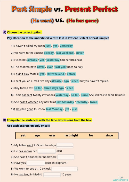 Past Simple vs. Present Perfect. Interactive worksheet | TopWorksheets