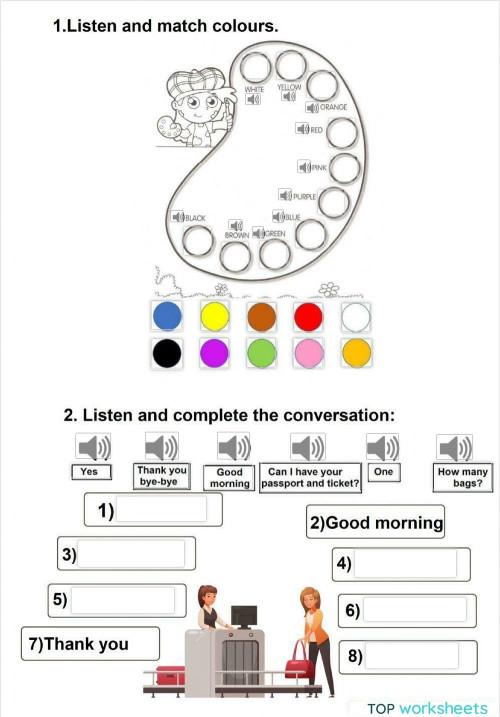 En1-Colours-Airport-check-in. Interactive worksheet | TopWorksheets