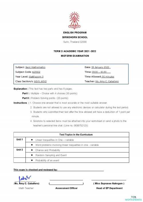 M3 set 1 midterm exam. Interactive worksheet | TopWorksheets