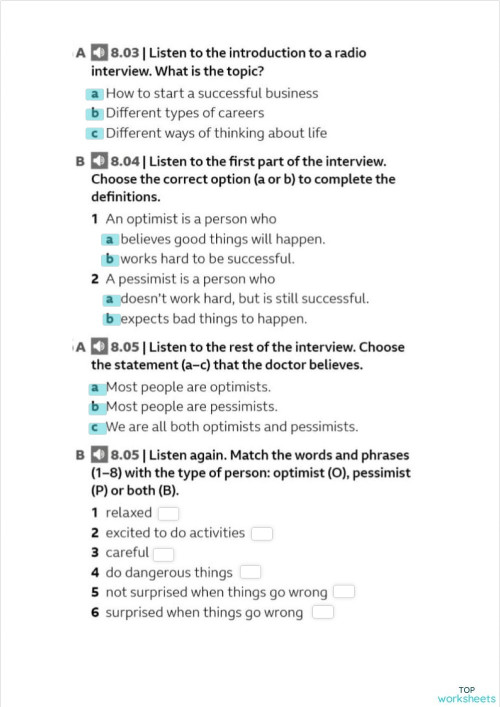 Listening activities: optimist or pessimist?. Ficha interactiva ...
