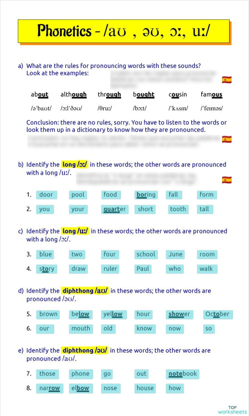 Phonetics - au, eu, o:, u:. Interactive worksheet | TopWorksheets