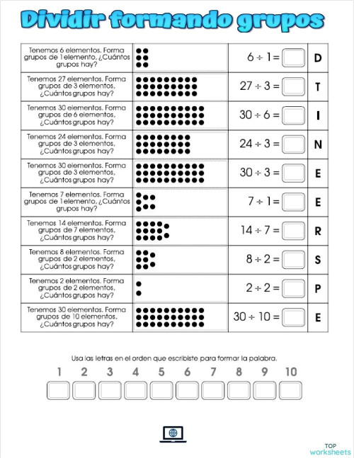 Dividiendo formando grupos 01 y 02. Ficha interactiva | TopWorksheets