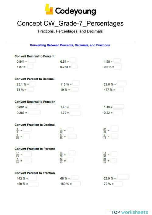 Fractions, Percentages, and Decimals Concept CW... Interactive ...