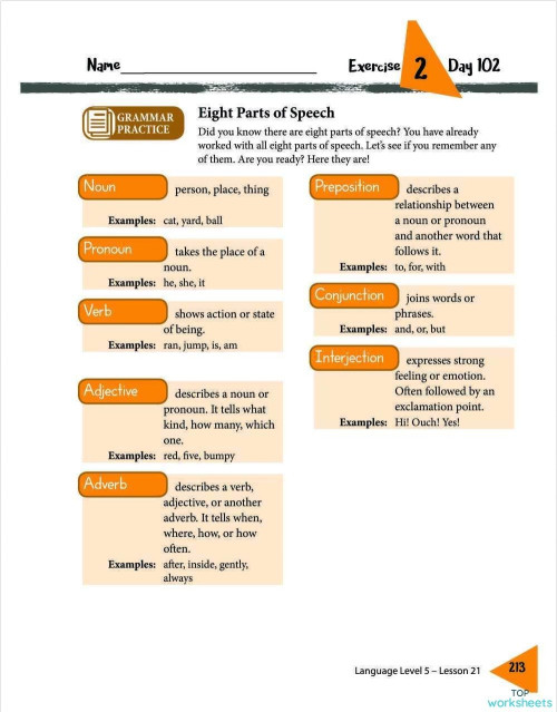 Lesson 21: Pg 213-214 Ex 2 Eight Parts of Speech. Interactive worksheet ...
