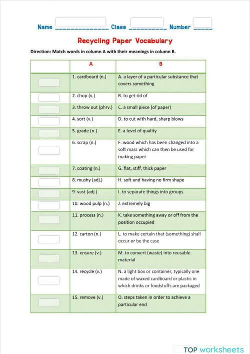 Recycling Paper Vocabulary. Interactive worksheet | TopWorksheets