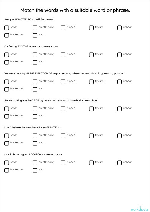 Match the words with a suitable word or phrase.. Interactive worksheet ...