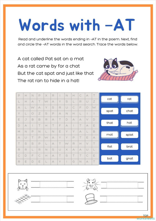 Words with –AT. Interactive worksheet | TopWorksheets