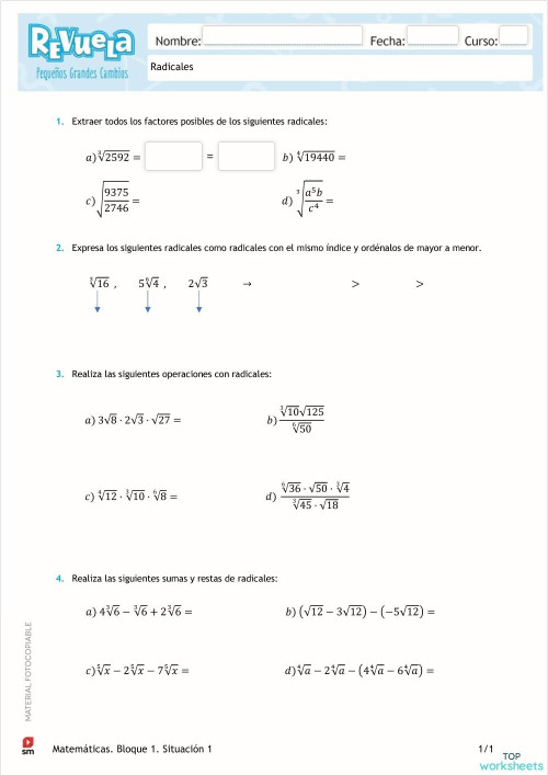 Ejercicios con radicales_3. Ficha interactiva | TopWorksheets