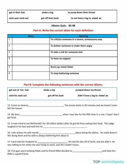 Idioms Quiz 43-48. Interactive worksheet | TopWorksheets