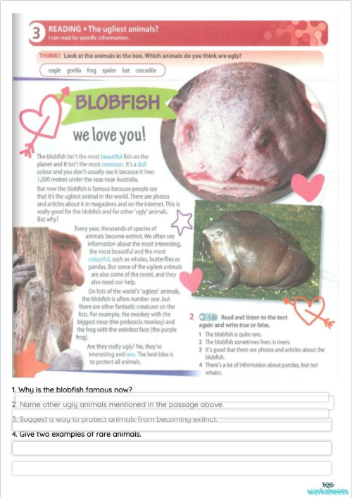 Blobfish readinding comprehension. Interactive worksheet | TopWorksheets