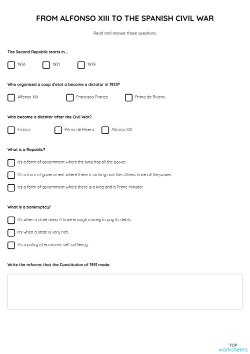 FROM ALFONSO XIII TO THE SPANISH CIVIL WAR. Interactive worksheet ...