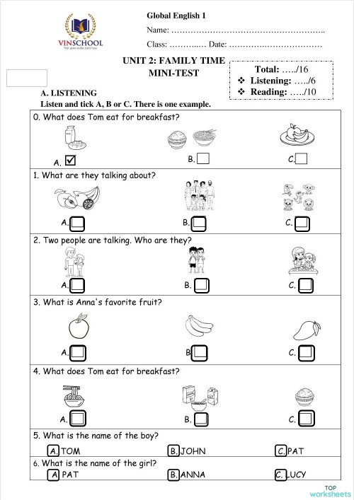S1_W7_Unit Test Unit 2: Family Time. Interactive worksheet | TopWorksheets