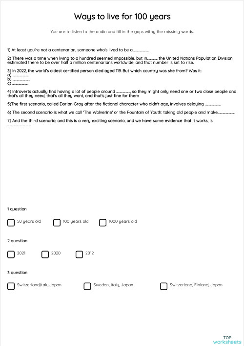 Ways to live for 100 years. Interactive worksheet | TopWorksheets