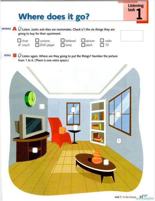 LISTENING TO FURNITURE IN THE HOUSE. Bài tập tương tác | TopWorksheets