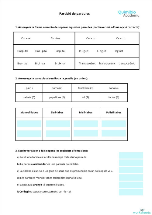 Partició de paraules. Fitxa interactiva | TopWorksheets