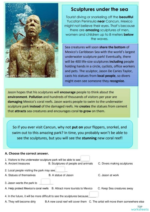 Sculptures under the sea. Interactive worksheet | TopWorksheets