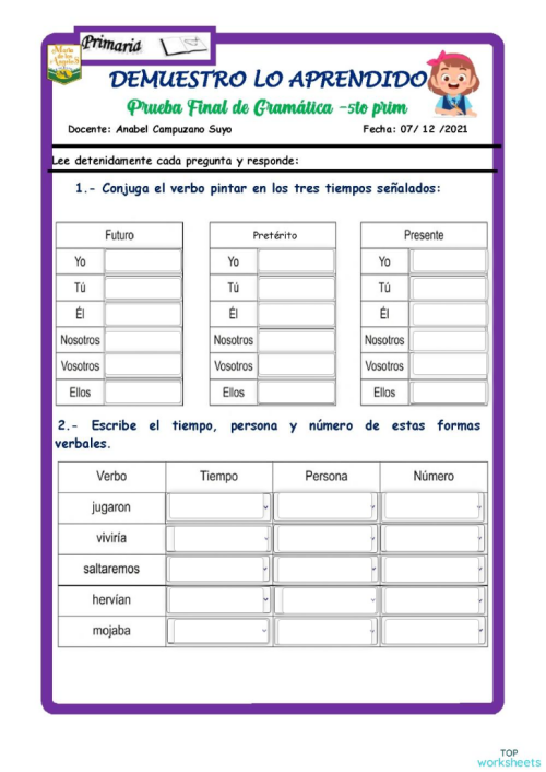 PRUEBA DE GRAMÁTICA- 5TO. Ficha interactiva | TopWorksheets