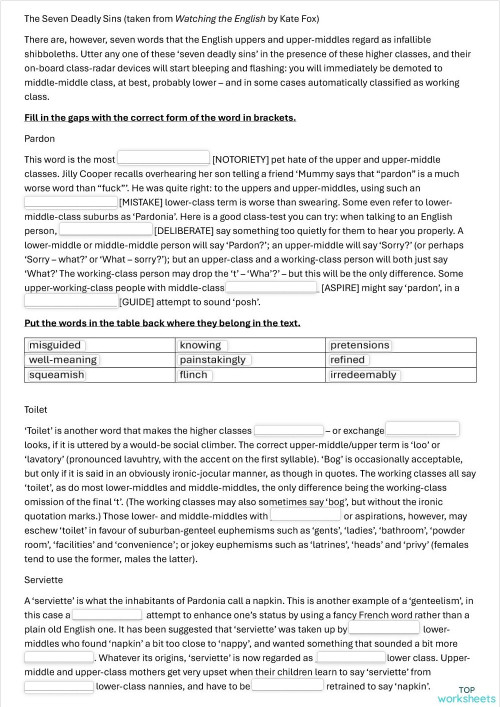 seven deadly sins.english language. Interactive worksheet | TopWorksheets