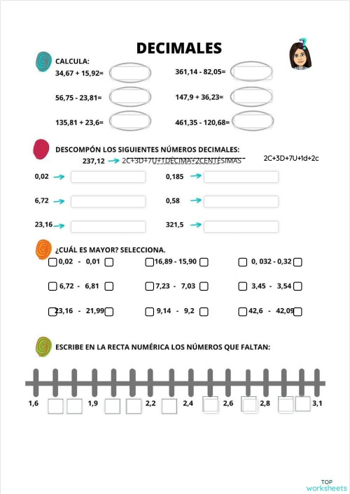 Suma y restas de decimales. Ficha interactiva | TopWorksheets