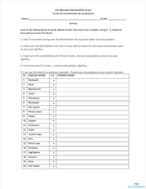 VOCABULARY KNOWLEDGE SCALE. Interactive worksheet | TopWorksheets