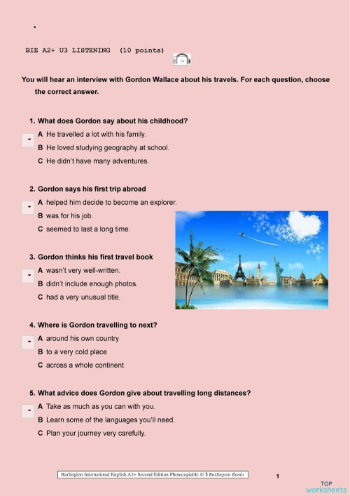 BIE A2+ U3 Listening: Gordon's travels. Interactive worksheet ...
