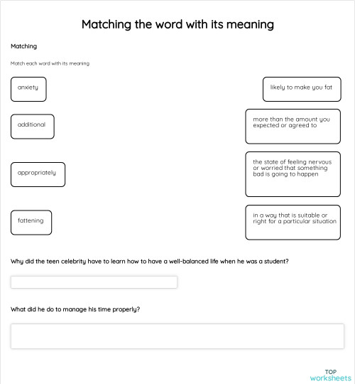 Matching the word with its meaning. Interactive worksheet | TopWorksheets