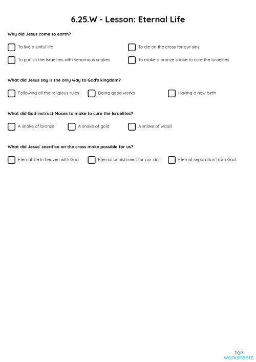 6.25.W - Lesson: Eternal Life. Interactive worksheet | TopWorksheets