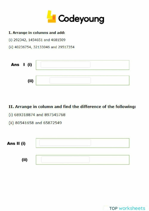 Addition and Subtraction of 10-Digit Numbers Application. Interactive ...