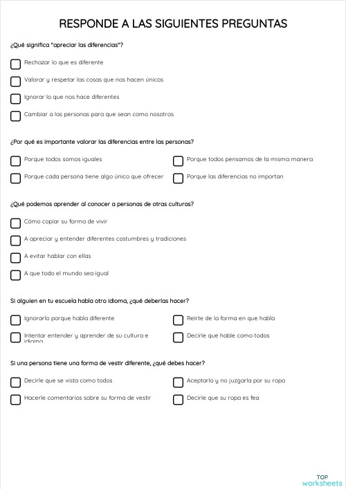 RESPONDE A LAS SIGUIENTES PREGUNTAS. Ficha interactiva | TopWorksheets