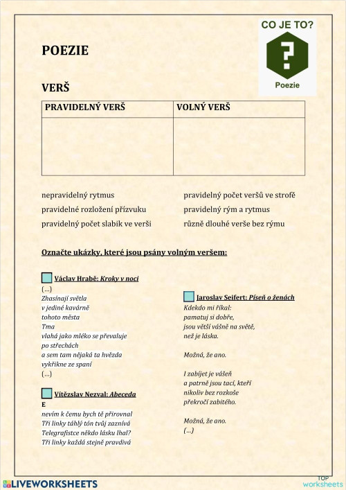 Čeština: interaktivní pracovní listy a online cvičení | TopWorksheets